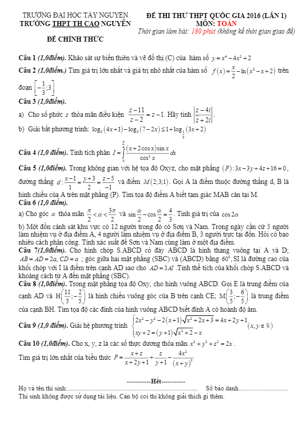 Đề thi thử Quốc gia 2016 môn Toán trường THPT thực hành Cao Nguyên ...