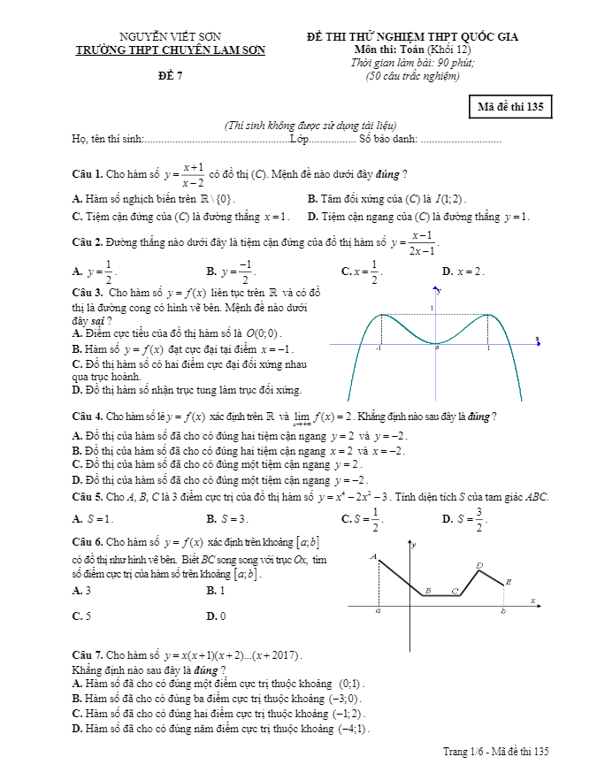 Đề thi thử THPT Quốc gia 2017 môn Toán - Nguyễn Viết Sơn (Đề 7 ...