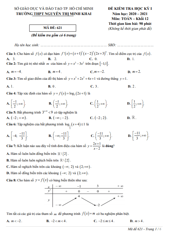 Đề thi HK1 Toán 12 năm 2020 - 2021 trường THPT Nguyễn Thị Minh Khai - TP HCM - TOANMATH.com