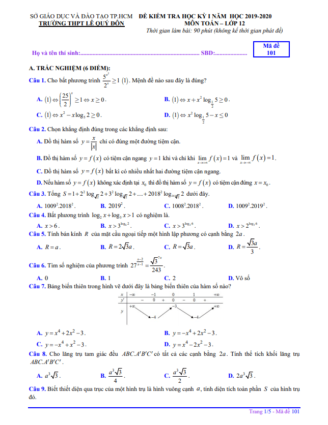 Đề thi HK1 Toán 12 năm 2019 - 2020 trường THPT Lê Quý Đôn - TP HCM - TOANMATH.com