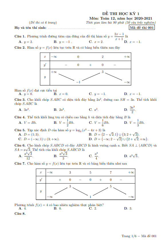 Đề thi HK1 Toán 12 năm 2020 - 2021 trường THPT Nguyễn Thị Minh Khai - Hà Nội - TOANMATH.com