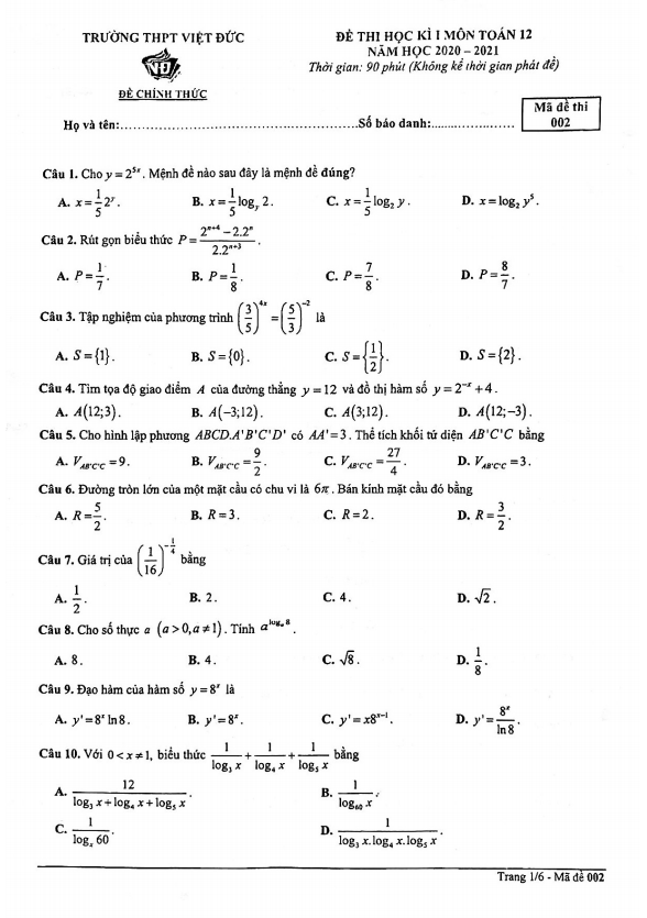 Đề thi HK1 Toán 12 năm 2020 - 2021 trường THPT Việt Đức - Hà Nội - TOANMATH.com