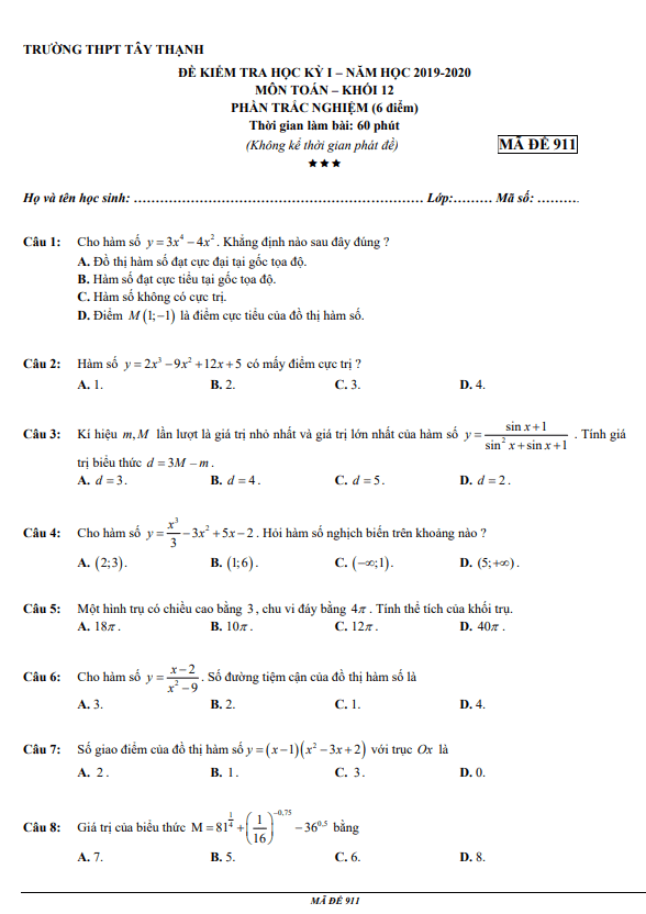 Đề Thi HK1 Toán 12 - Trang 8 trên 24 - TOANMATH.com