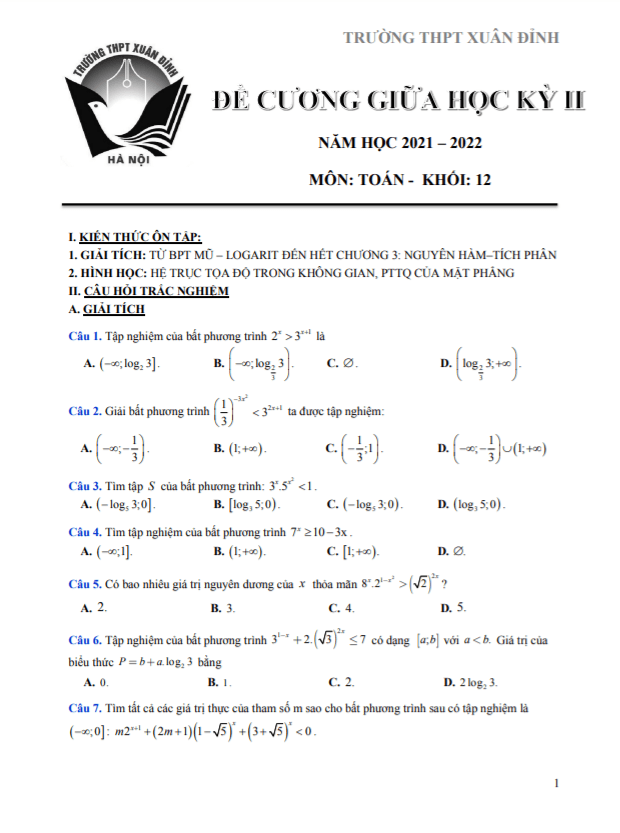 Đề cương giữa học kỳ 2 Toán 12 năm 2021 - 2022 trường THPT Xuân Đỉnh - Hà Nội - TOANMATH.com