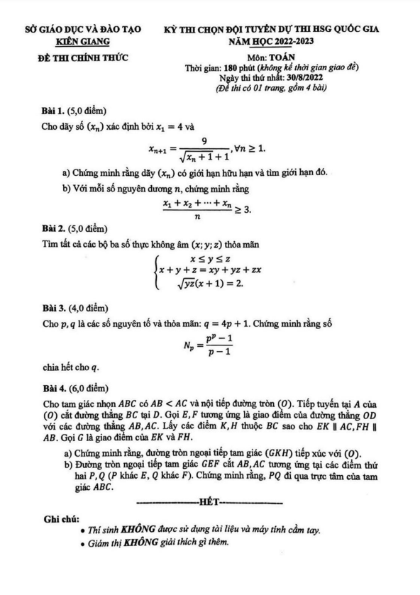 Đề chọn đội tuyển thi HSG QG môn Toán năm 2022 - 2023 sở GD&ĐT Kiên Giang - TOANMATH.com