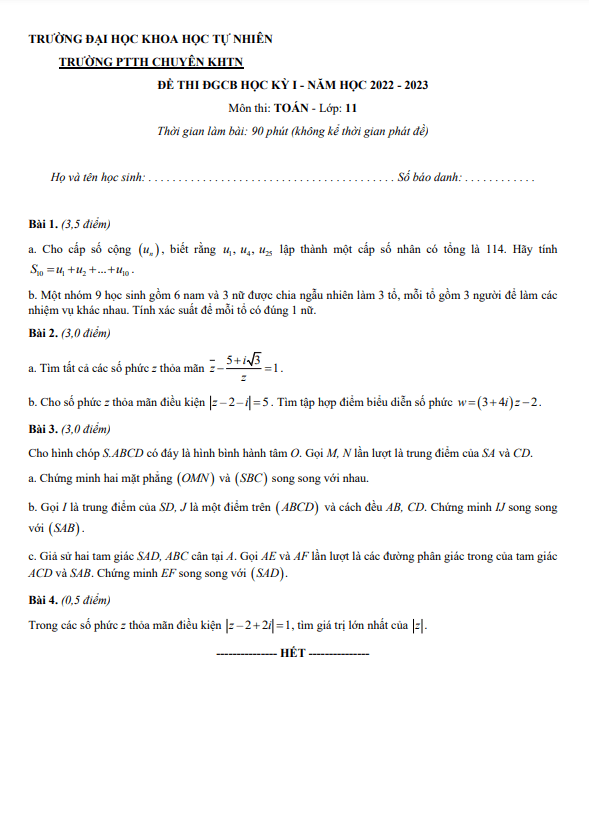Đề ĐGCB học kỳ 1 Toán 11 năm 2022 - 2023 trường chuyên KHTN - Hà Nội ...