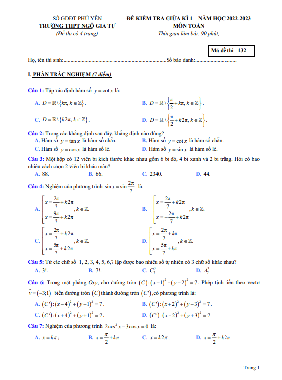 Đề giữa kỳ 1 Toán 11 năm 2022 - 2023 trường THPT Ngô Gia Tự - Phú Yên ...