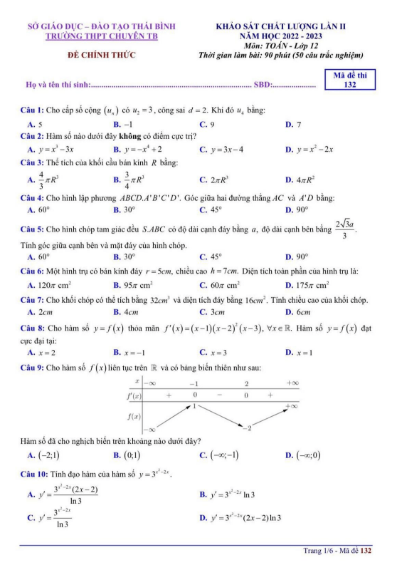 Đề khảo sát Toán 12 lần 2 năm 2022 - 2023 trường THPT chuyên Thái Bình - TOANMATH.com