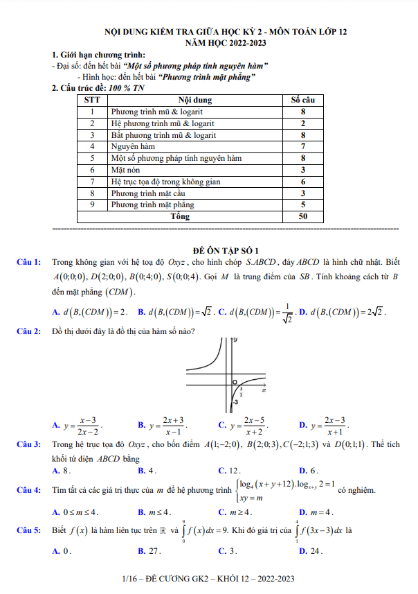 Đề ôn tập giữa học kỳ 2 Toán 12 năm 2022 - 2023 trường THPT Việt Đức - Hà Nội - TOANMATH.com
