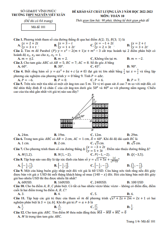 Đề KSCL lần 3 Toán 10 năm 2022 - 2023 trường THPT Nguyễn Viết Xuân - Vĩnh Phúc - TOANMATH.com