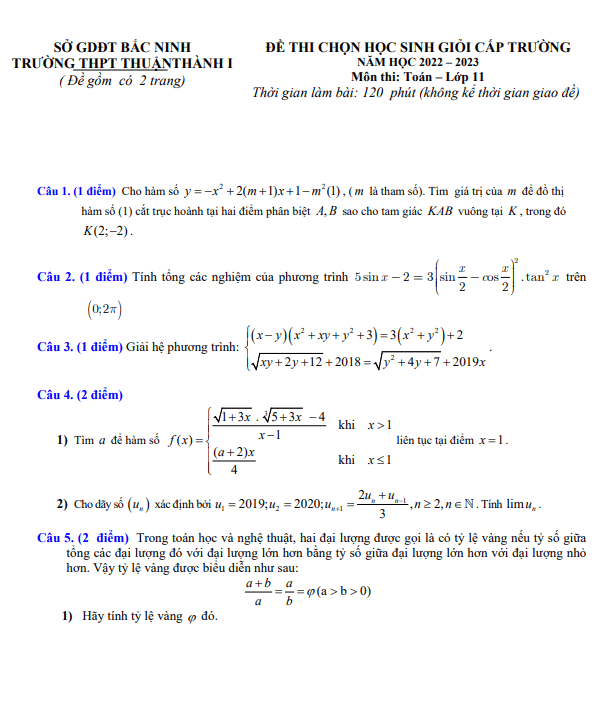 Đề thi HSG Toán 11 năm 2022 - 2023 trường THPT Thuận Thành 1 - Bắc Ninh - TOANMATH.com