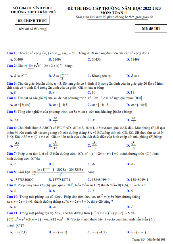 Đề thi HSG Toán 11 năm 2022 - 2023 trường THPT Trần Phú - Vĩnh Phúc - TOANMATH.com