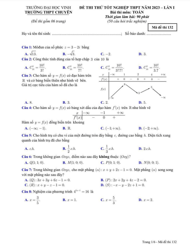 Đề thi thử TN THPT 2023 môn Toán lần 1 trường THPT chuyên ĐH Vinh - Nghệ An - TOANMATH.com