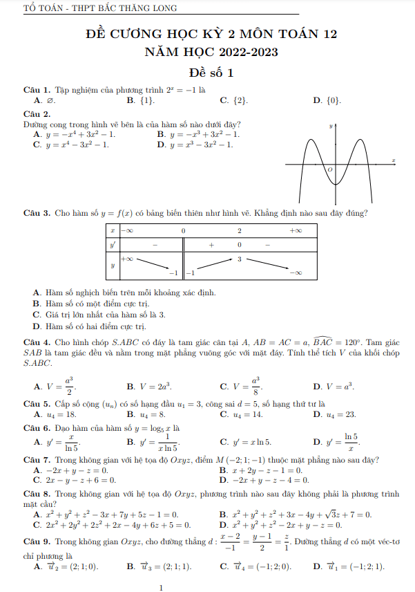 Đề cương học kỳ 2 Toán 12 năm 2022 - 2023 trường THPT Bắc Thăng Long - Hà Nội - TOANMATH.com