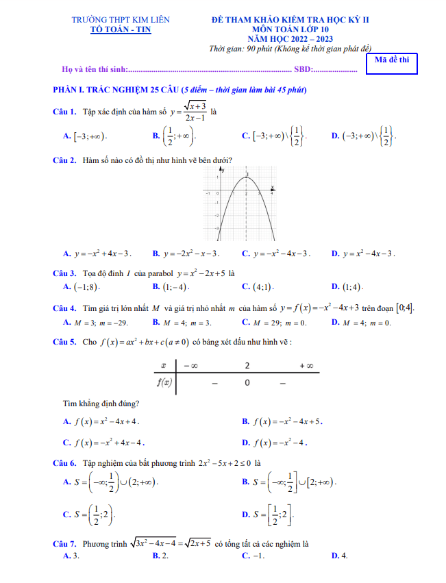 Đề tham khảo học kỳ 2 Toán 10 năm 2022 - 2023 trường THPT Kim Liên - Hà Nội - TOANMATH.com