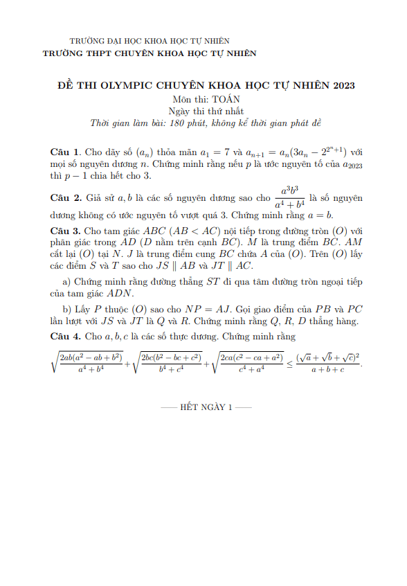 Đề thi Olympic môn Toán năm 2023 trường THPT chuyên KHTN - Hà Nội ...