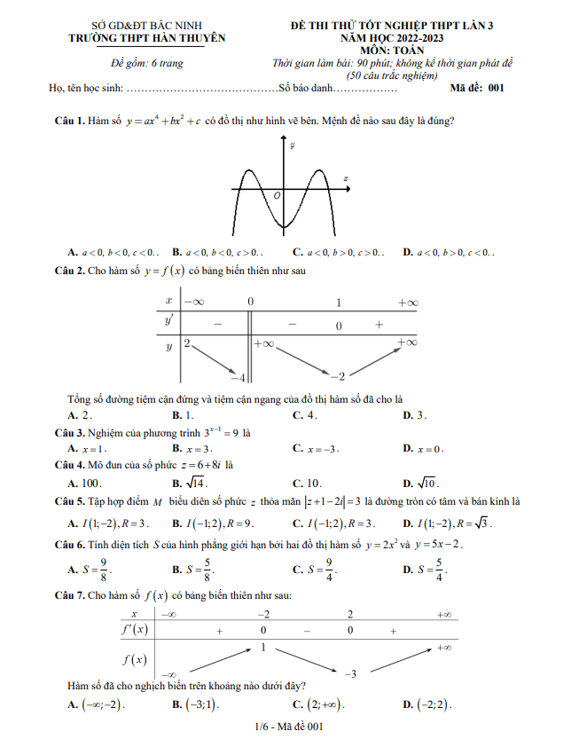 Đề thi thử TN THPT 2023 lần 3 môn Toán trường THPT Hàn Thuyên - Bắc Ninh - TOANMATH.com