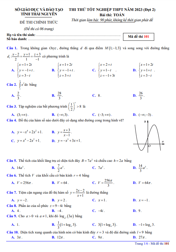 Đề thi thử tốt nghiệp THPT 2023 môn Toán đợt 2 sở GD&ĐT Thái Nguyên ...