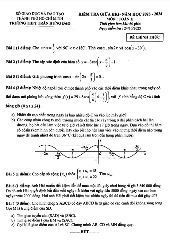 Đề giữa HKI Toán 11 năm 2023 - 2024 trường THPT Trần Hưng Đạo - TP HCM - TOANMATH.com