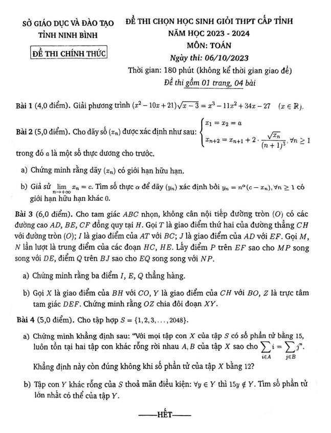 Đề học sinh giỏi Toán THPT cấp tỉnh năm 2023 - 2024 sở GD&ĐT Ninh Bình - TOANMATH.com