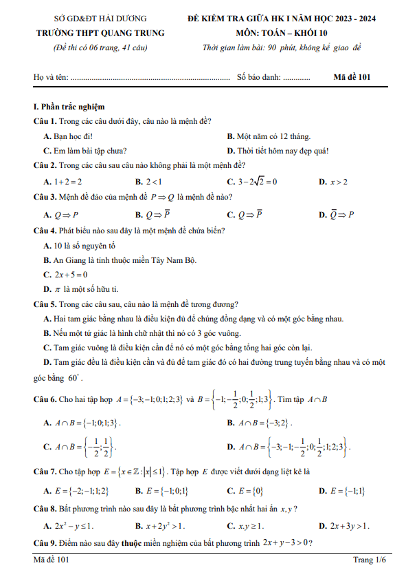 Đề giữa HKI Toán 10 năm 2023 - 2024 trường THPT Quang Trung - Hải Dương - TOANMATH.com