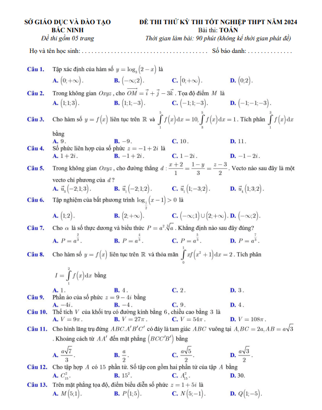 Đề thi thử tốt nghiệp THPT năm 2024 môn Toán sở GD&ĐT Bắc Ninh - TOANMATH.com