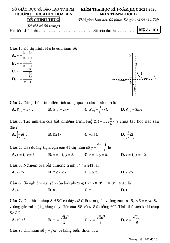 Đề cuối học kì 1 Toán 12 năm 2023 - 2024 trường THCS - THPT Hoa Sen ...